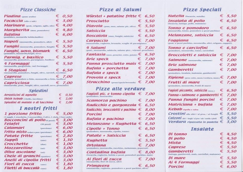 Menu at Pizzeria ROMA 70 Paninoteca, Rome