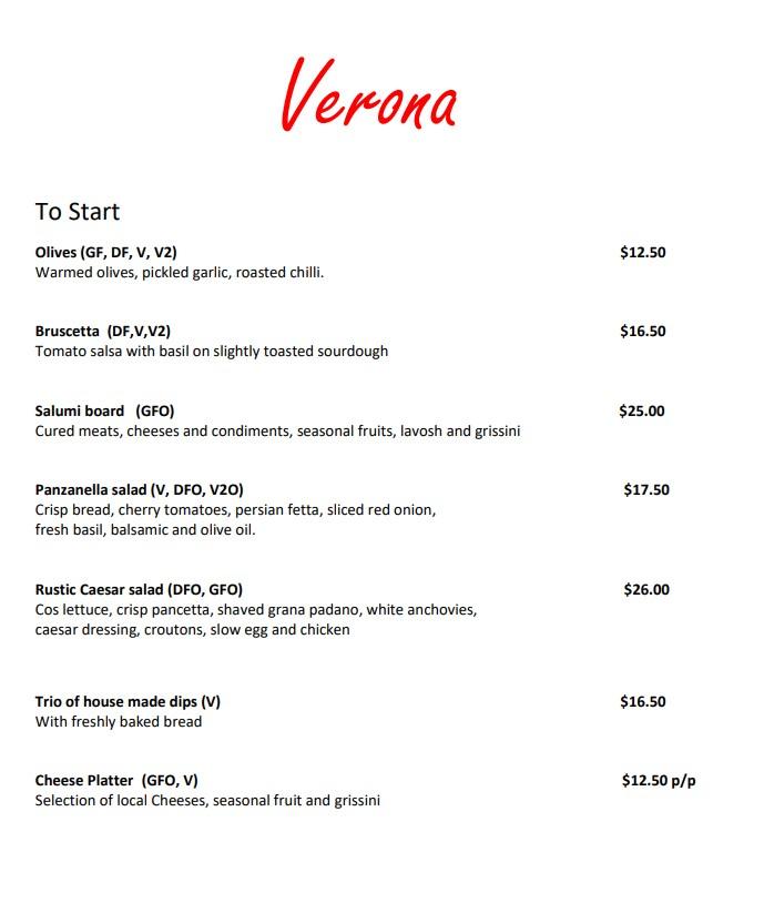 Menu at Verona Devonport restaurant, Devonport