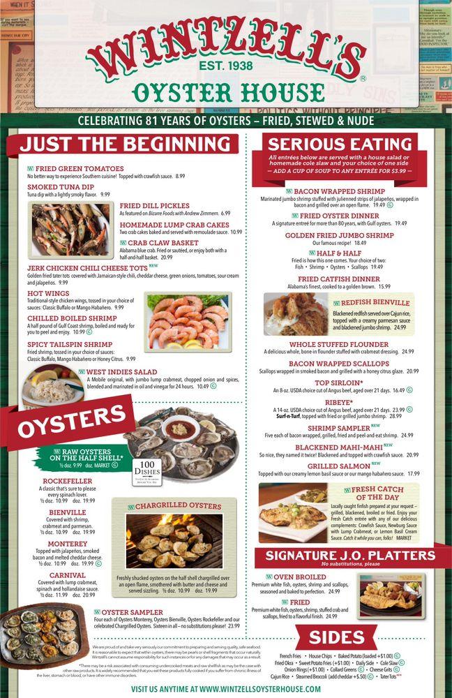 Menu at Wintzell's Oyster House restaurant, Mobile, 605 Dauphin St