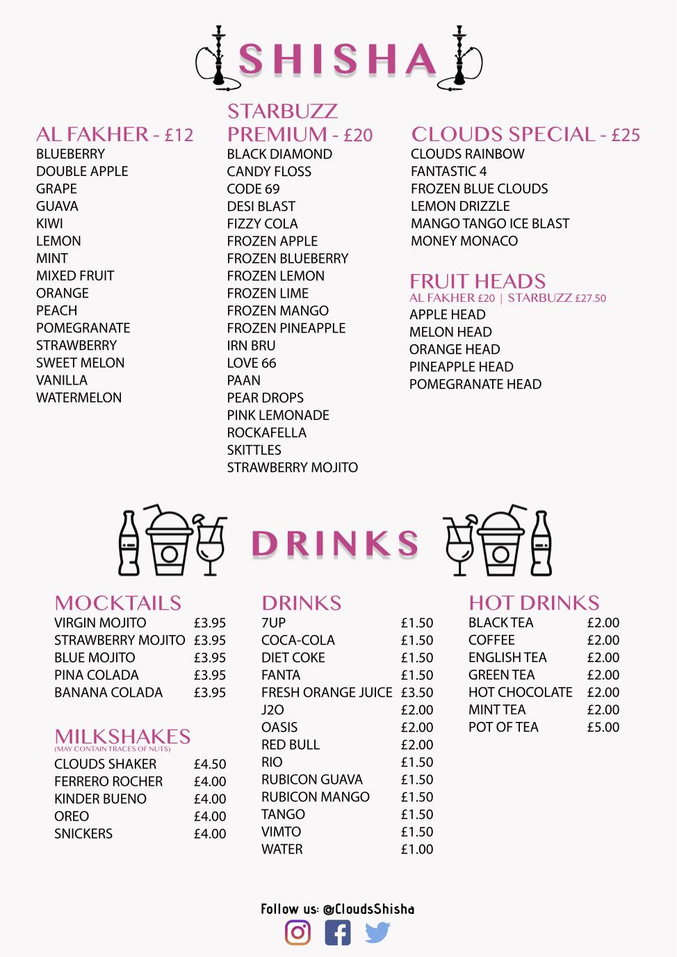 Menu at Clouds Shisha Lounge cafe, Southampton