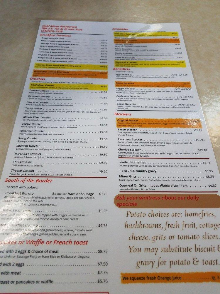 Menu at Gold Miner Restaurant, Grants Pass