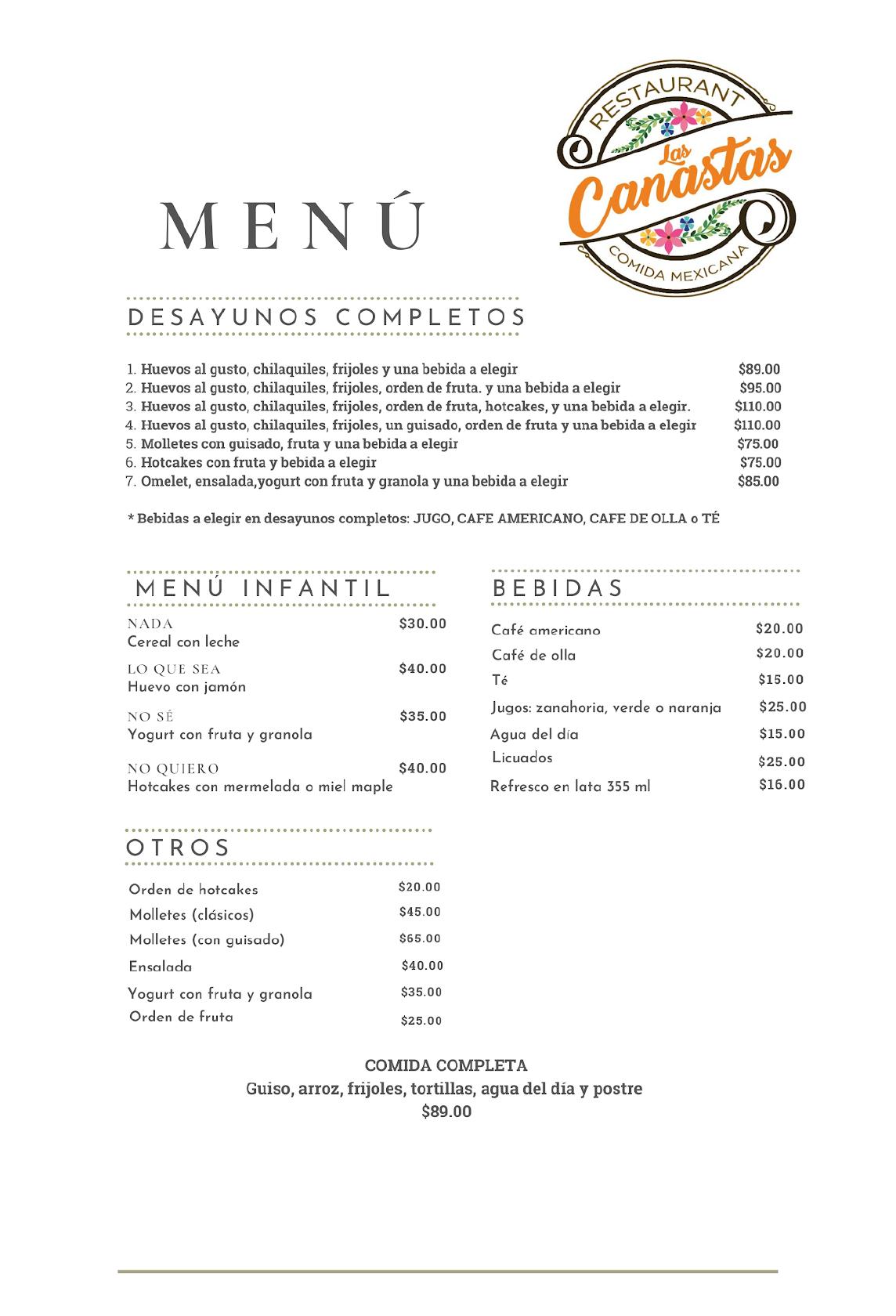 Menu at Las Canastas restaurant, Martínez Domínguez
