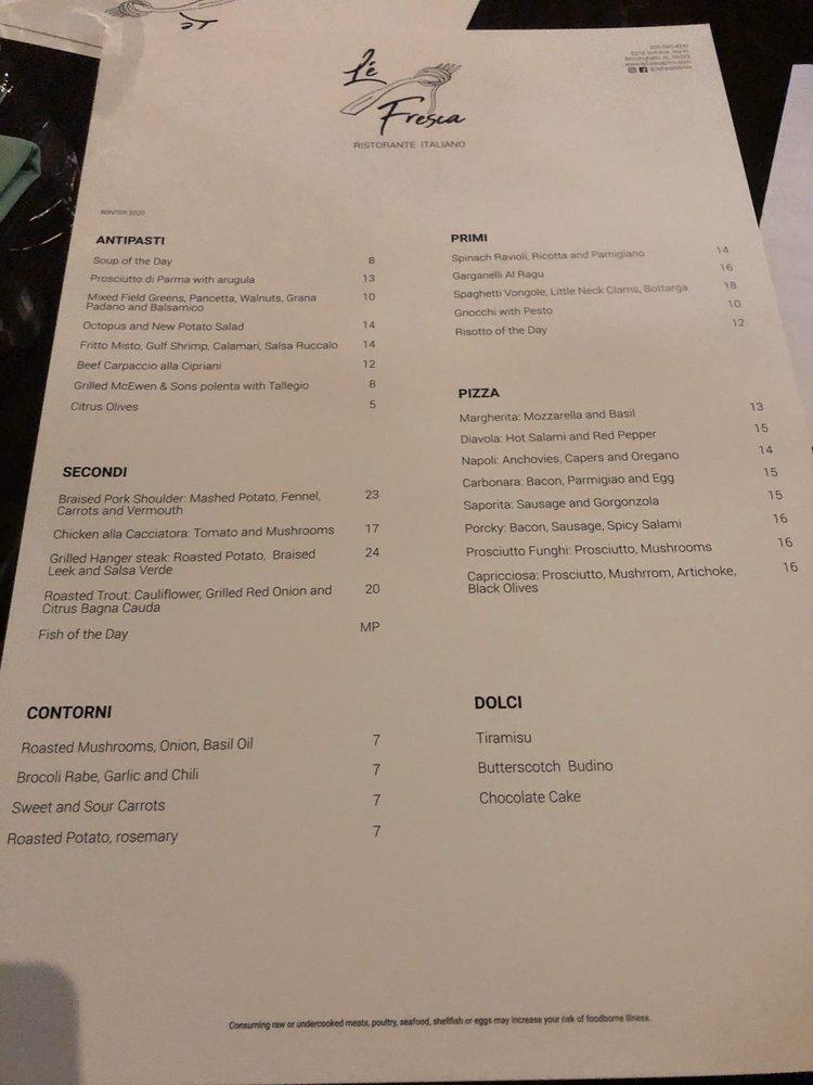 Menu at Lé Fresca pub & bar, Birmingham
