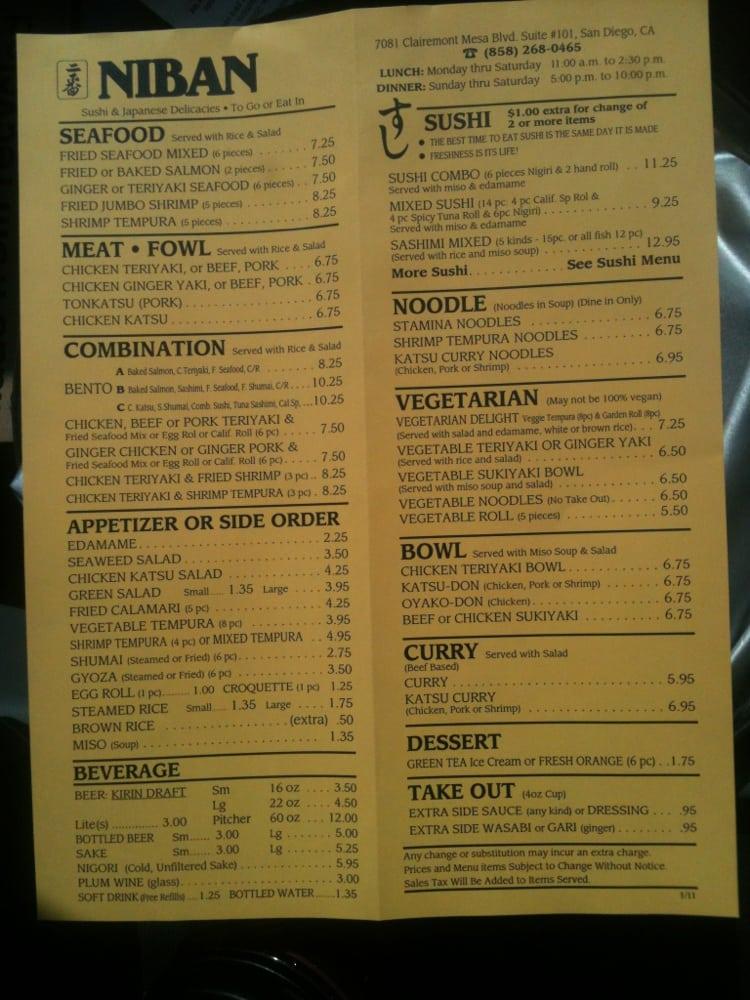 Menu at Niban Japanese Restaurant, San Diego