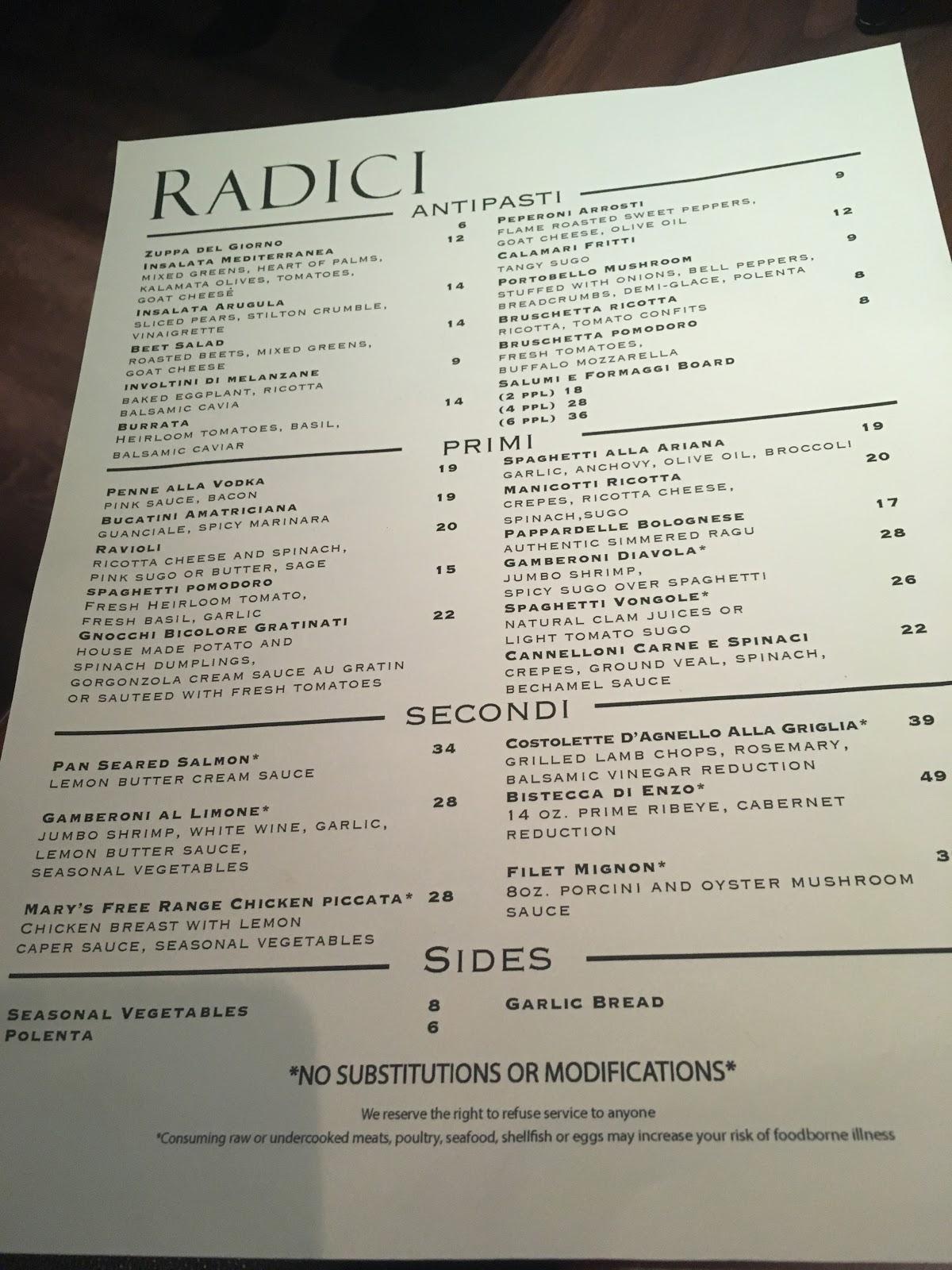 Menu at Radici restaurant, Hermosa Beach