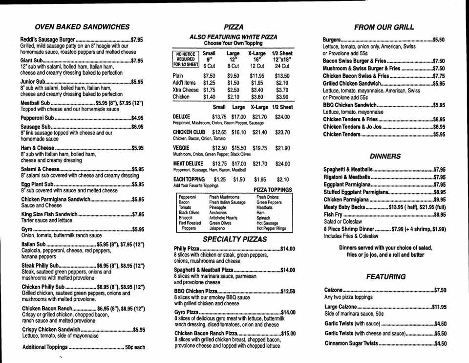 Menu at Reddi's Pizza pizzeria, Twinsburg