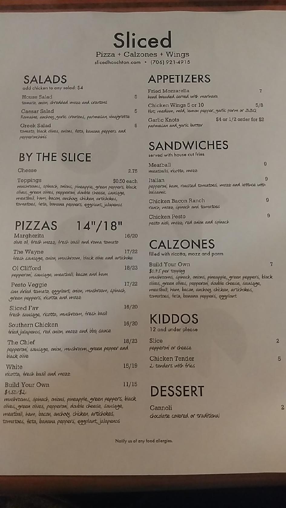 Menu at Sliced pizzeria, Hoschton