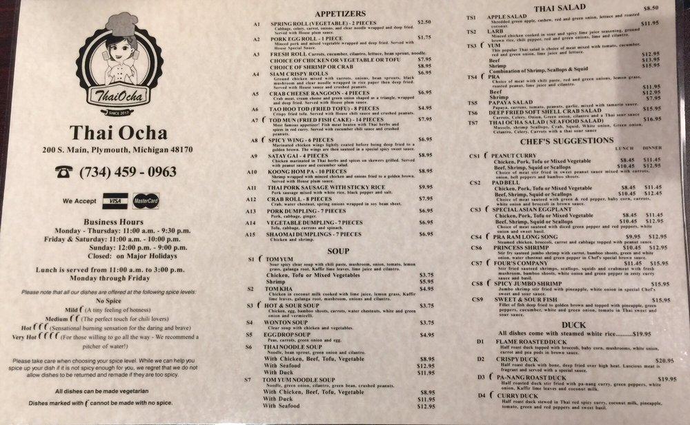 Menu at Thai Ocha restaurant, Plymouth, 200 S Main St