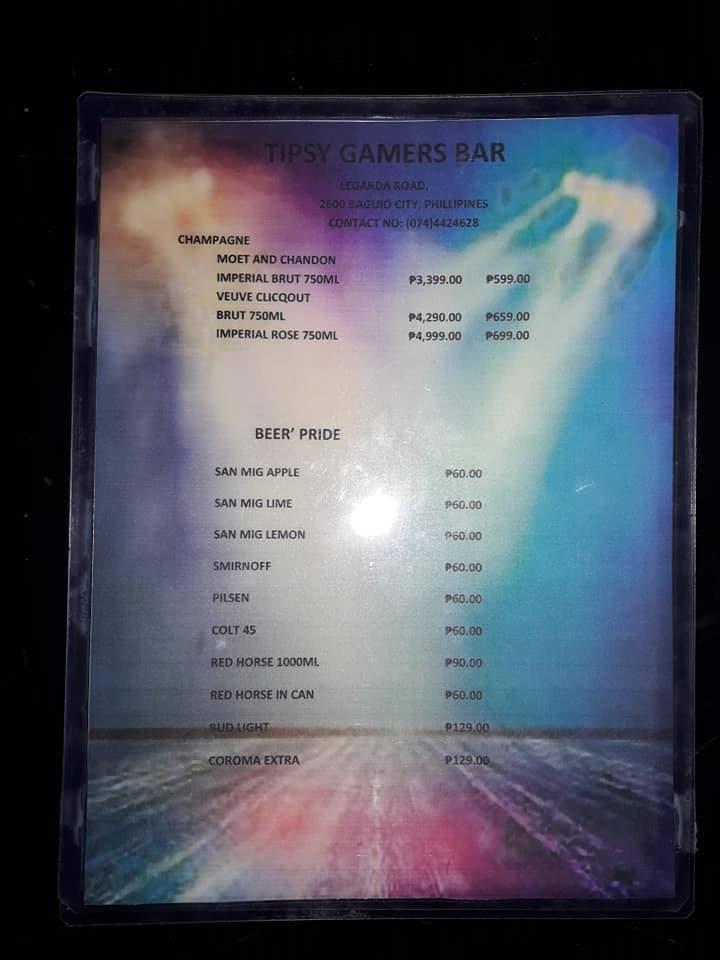 Menu at Tipsy Gamer's Bar, Baguio