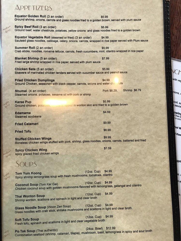 Menu at Café Equator Thai Cuisine restaurant, Metairie, Severn Ave