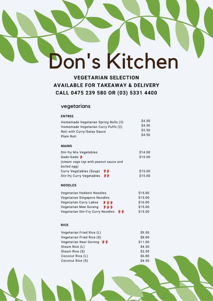 Menu at Don's Kitchen restaurant, Invermay Park, 330 Heinz Ln