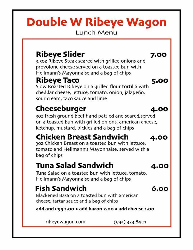 Menu at Double W Ribeye Wagon restaurant, Sarasota