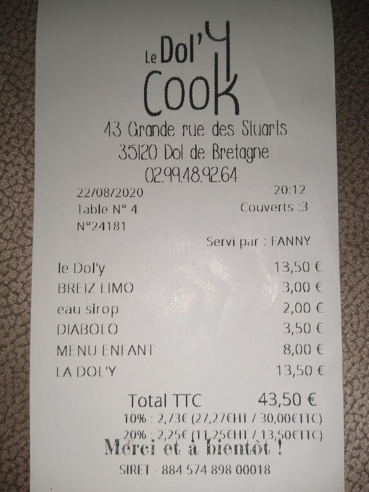 Carta del restaurante Le Dol'y Cook, Dol-de-Bretagne