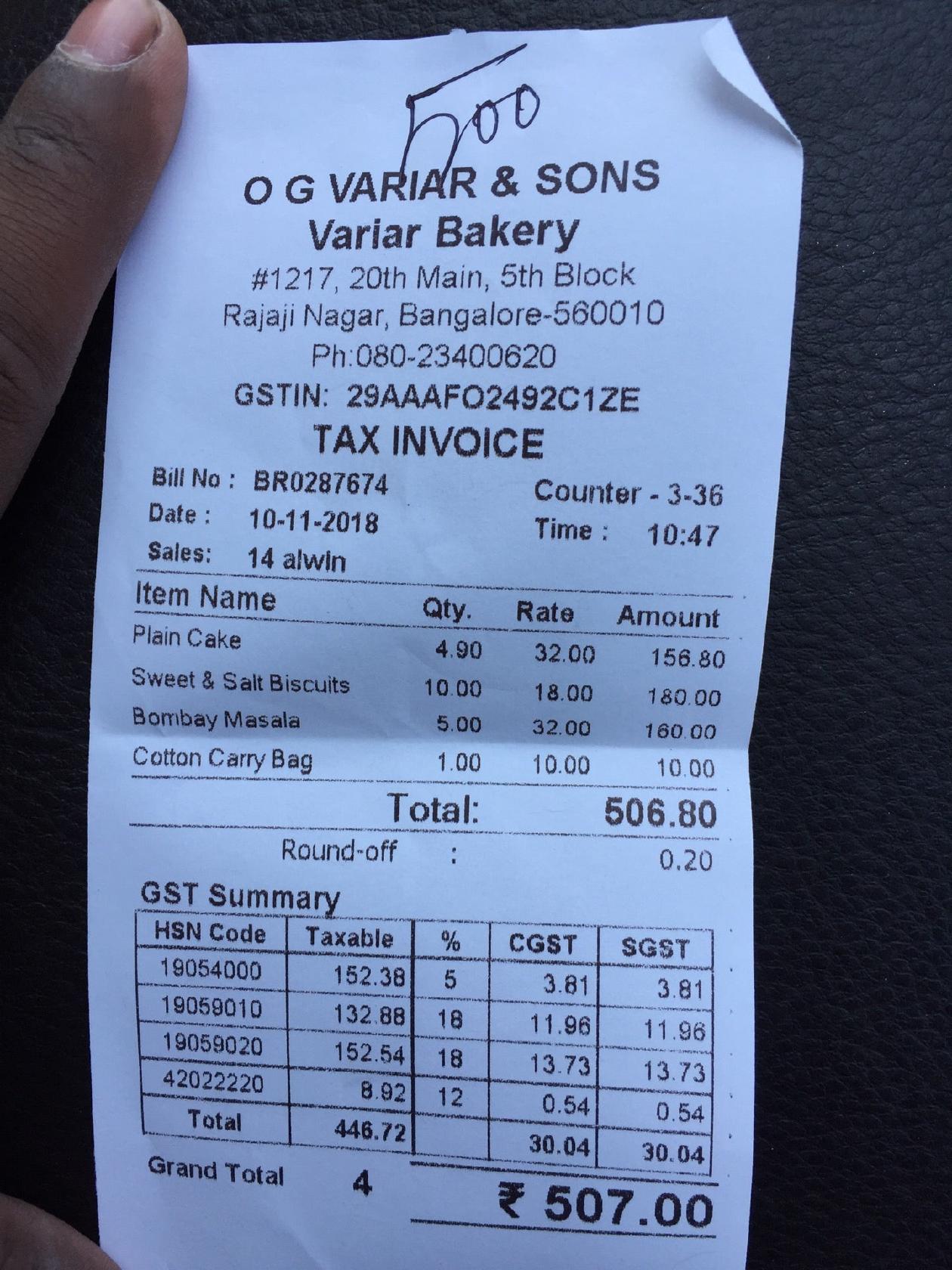 Menu at O.G. Variar and Sons, Variar Bakery (Branch), Bengaluru