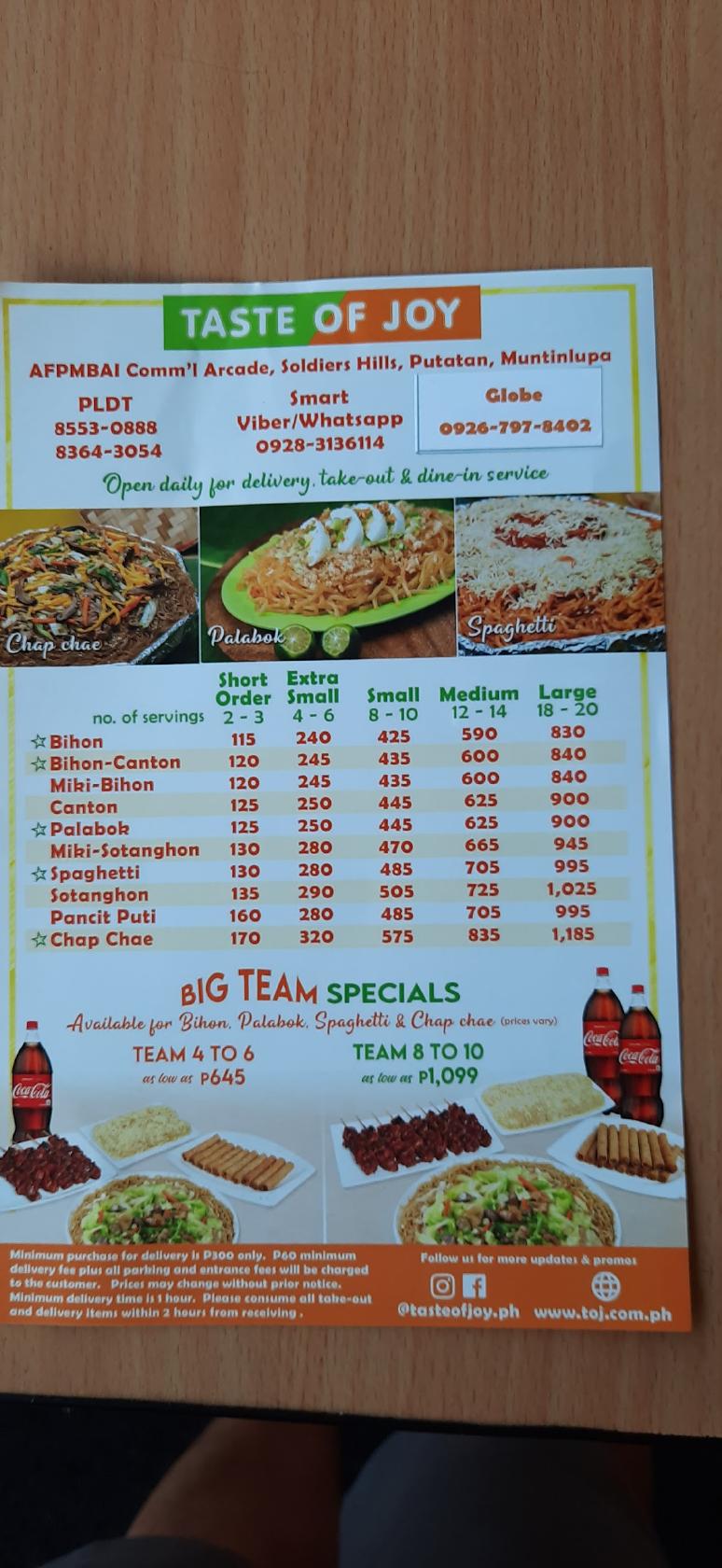 Menu at Taste Of Joy Soldiers restaurant, Muntinlupa
