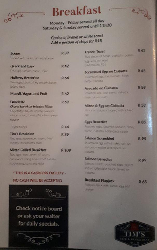 Menu at Tim’s Cafe, Benoni