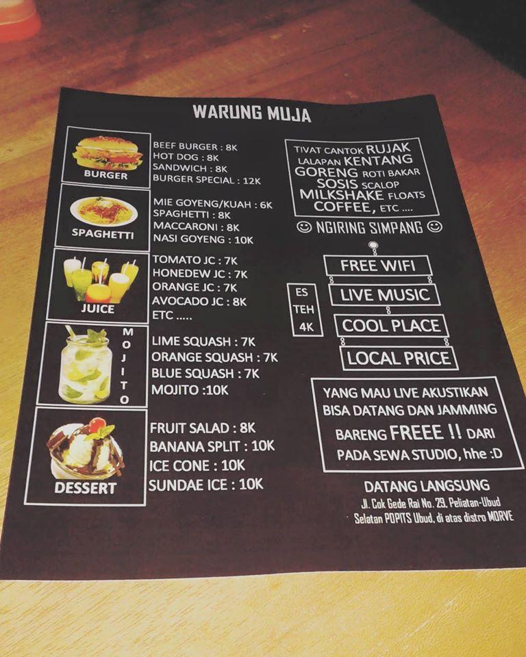 Menu at Warung Muja cafe, Ubud