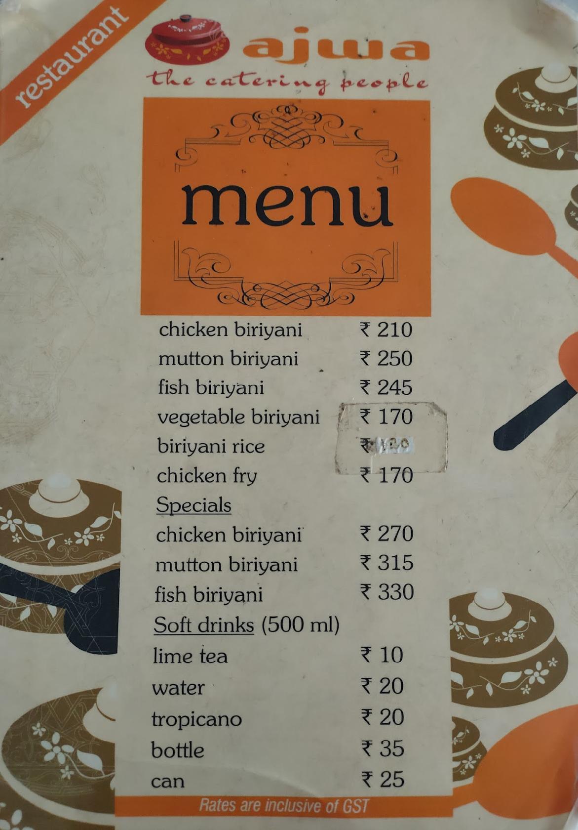Menu at Ajwa Biriyani, Thiruvananthapuram, No-114 Kalabhavan Mani Road