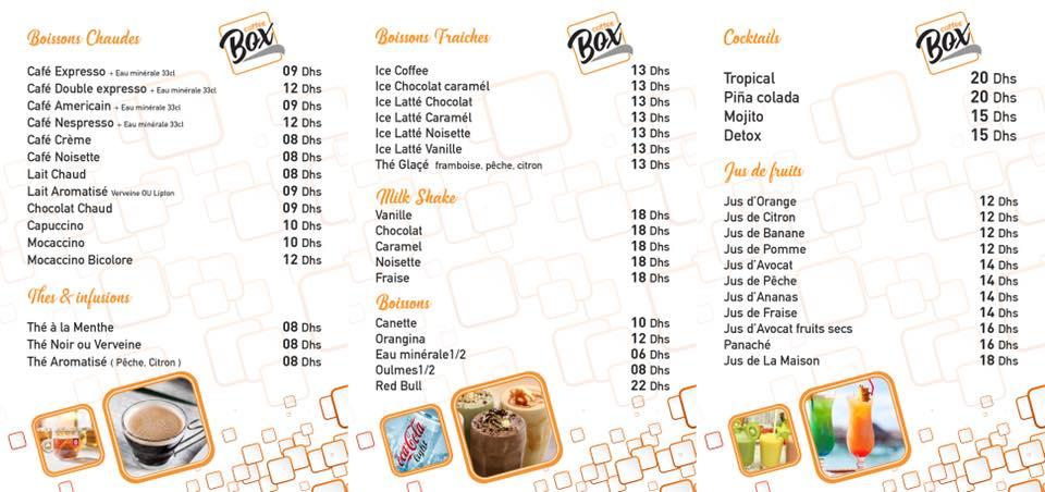 Menu at BOX Coffee cafe, El Jadida