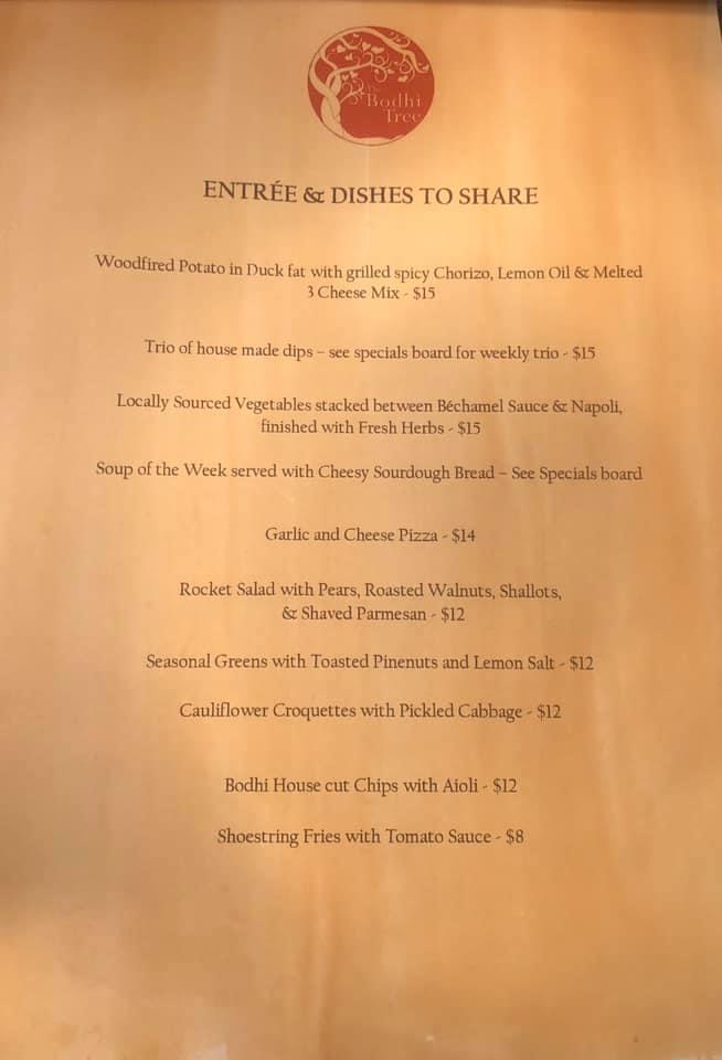 Menu at The Bodhi Tree Restaurant, Healesville