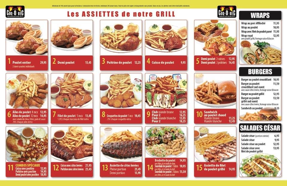 Menu au Coq O Bec restaurant, Sherbrooke, Chem. des Pèlerins