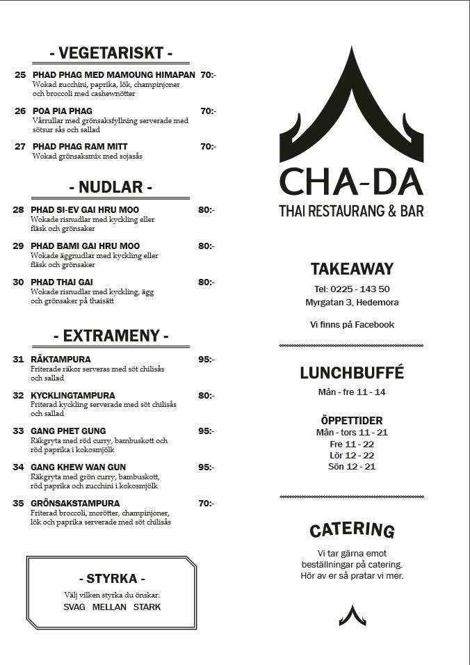 Menu at Chada Thai Resturang & Bar, Hedemora