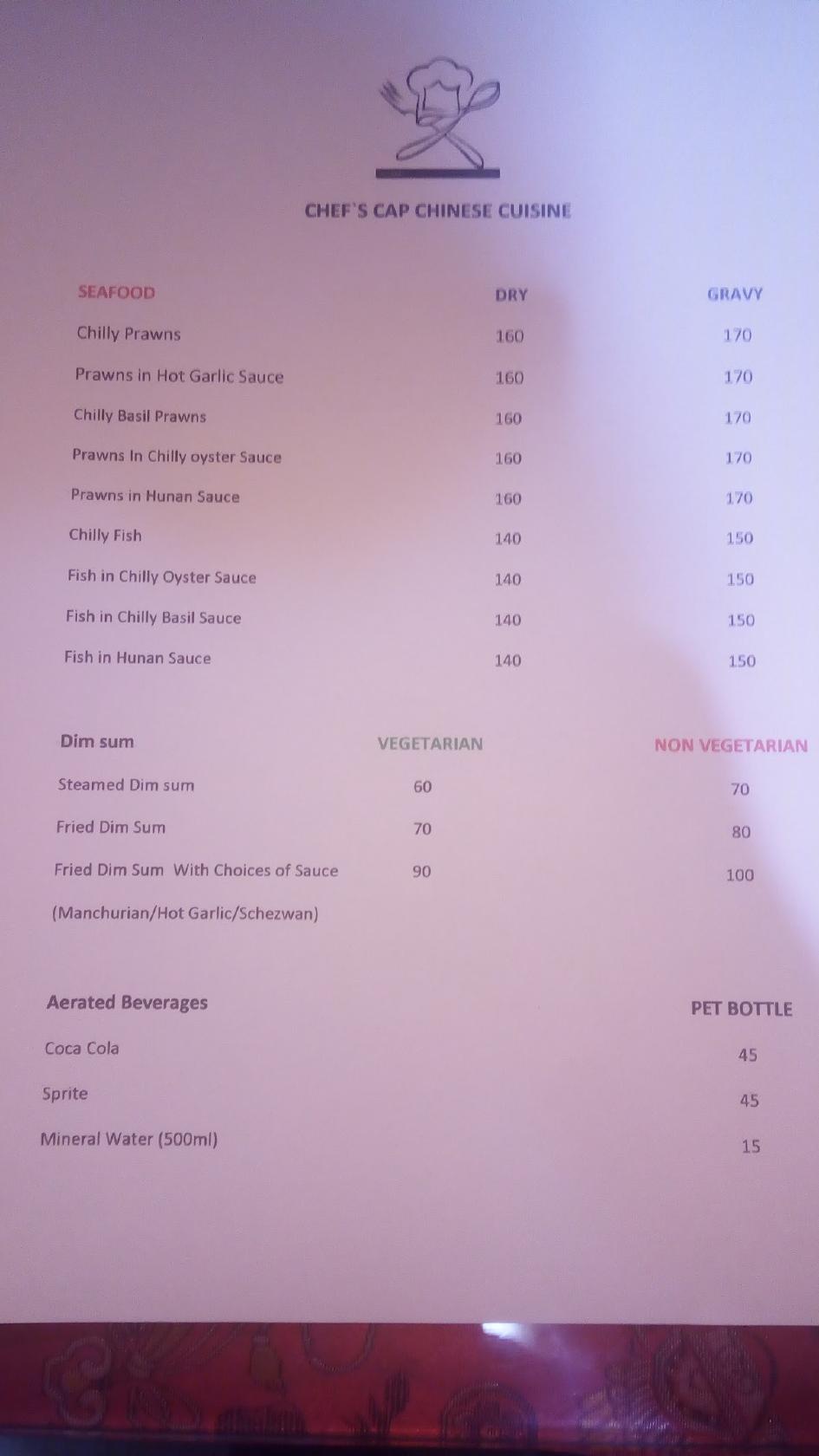 Menu at Chef Cap Restaurant, Bengaluru