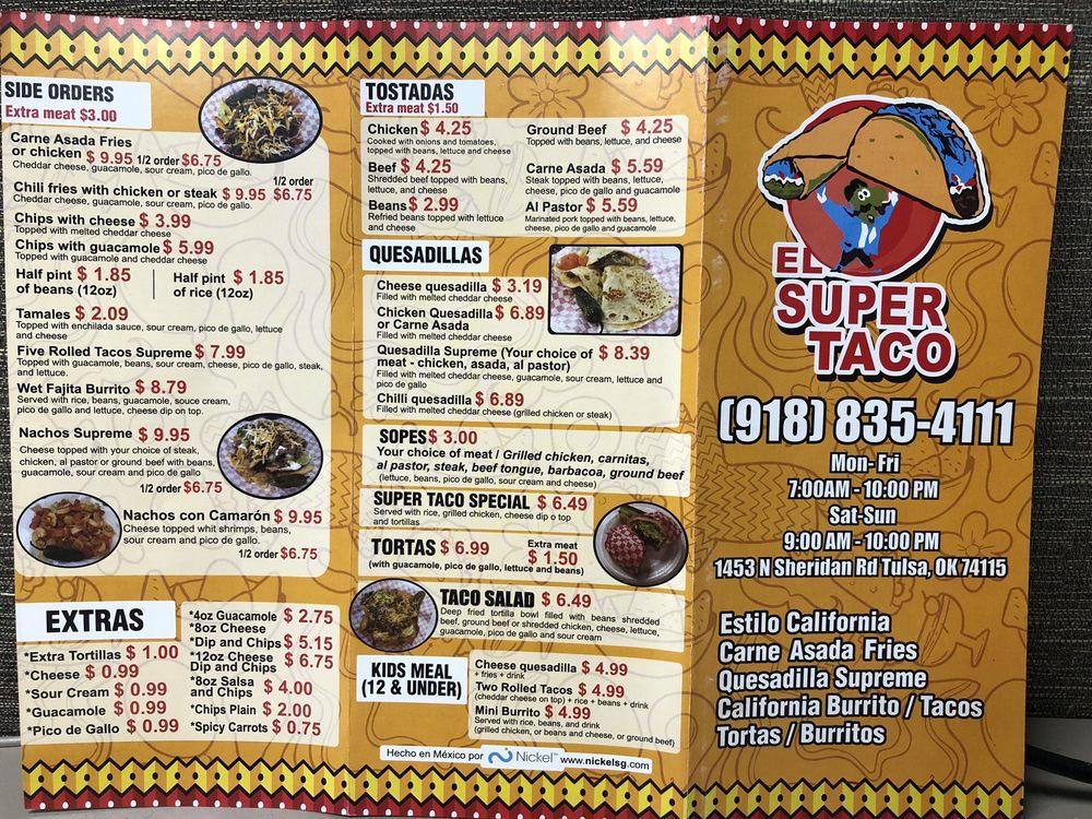 Menu at El Super Taco restaurant, Tulsa, N Sheridan Rd