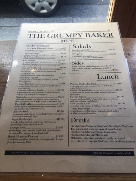 Menu at The Grumpy Baker cafe, Newtown, 281 King St