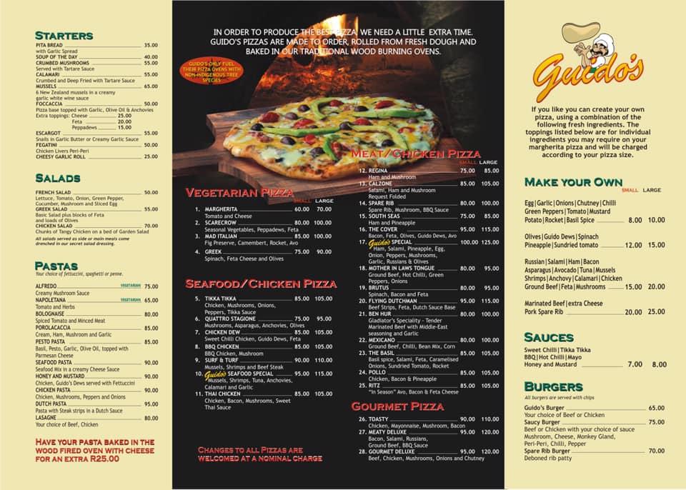 Menu at Guido's restaurant, East London, Gonubie Mall