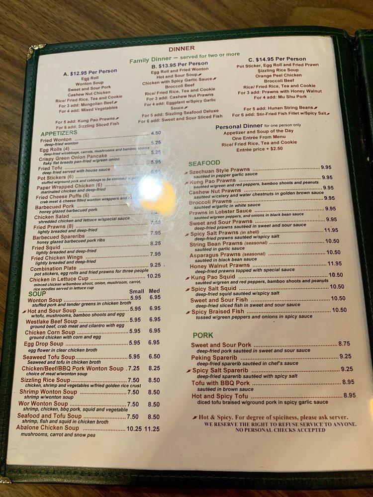 Menu at Hong Kong Garden restaurant, Sonora