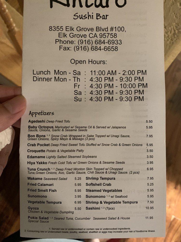 Menu at Kintaro Sushi Bar, Elk Grove