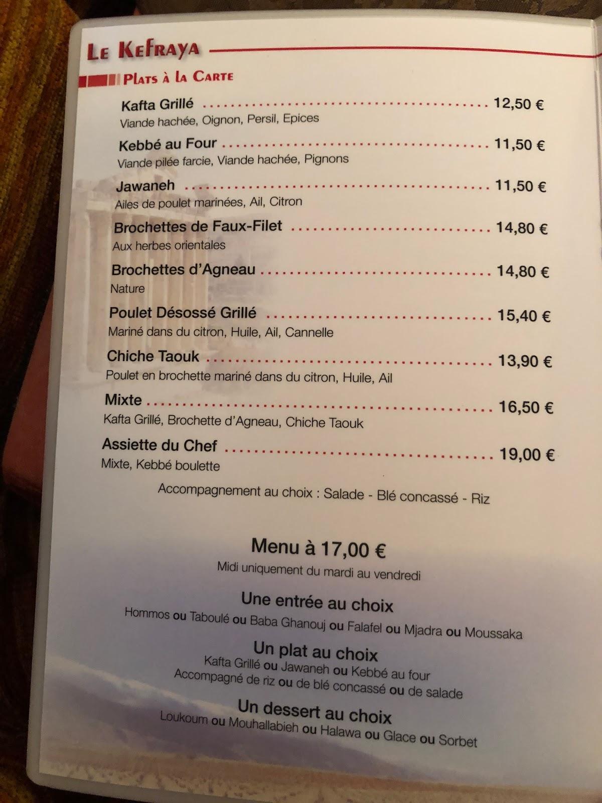Menu at Le Kefraya restaurant, Versailles