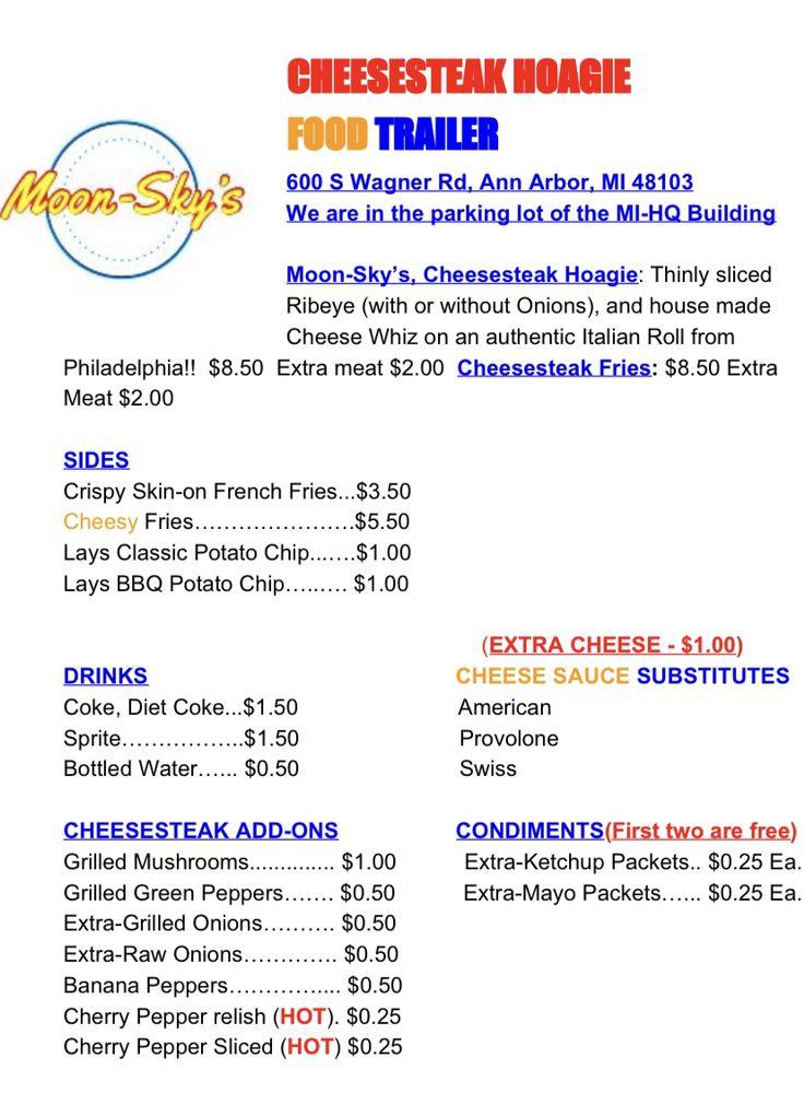 Menu at Moon-Sky’s Cheesesteaks, Ann Arbor