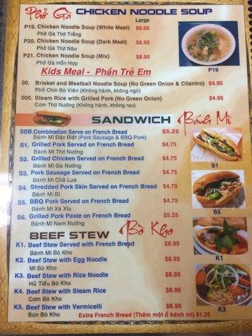 Menu at Pho One restaurant, Lewisville