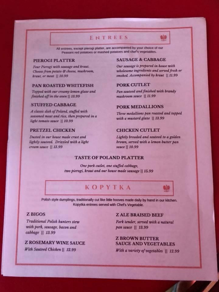 Menu at Kolasa’s Polish Peasant restaurant, Michigan City