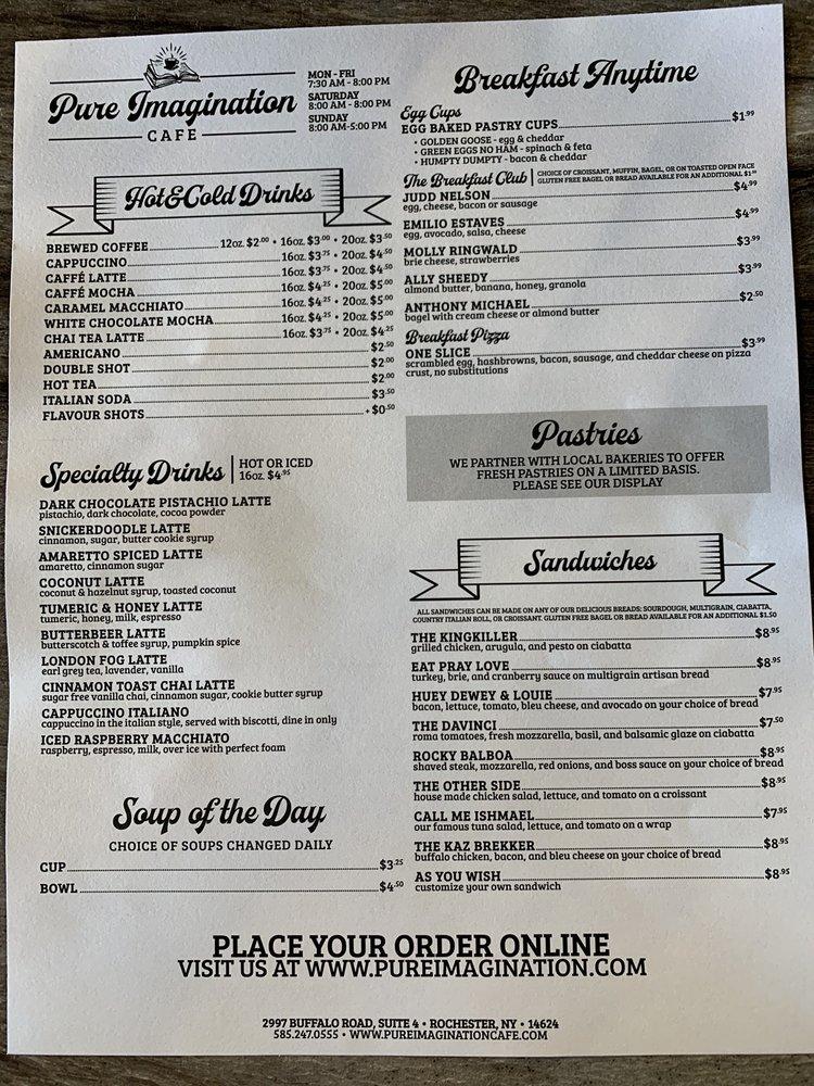 Menu at Pure Imagination Cafe, Rochester