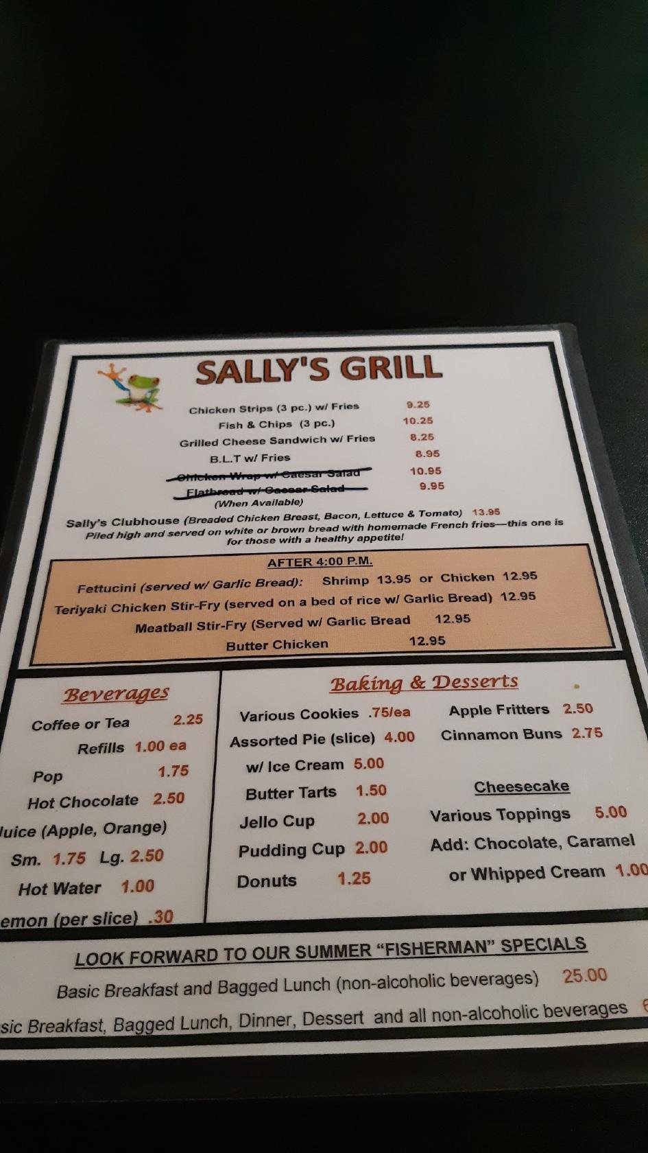 Menu at Sally's Grill restaurant, Tahsis