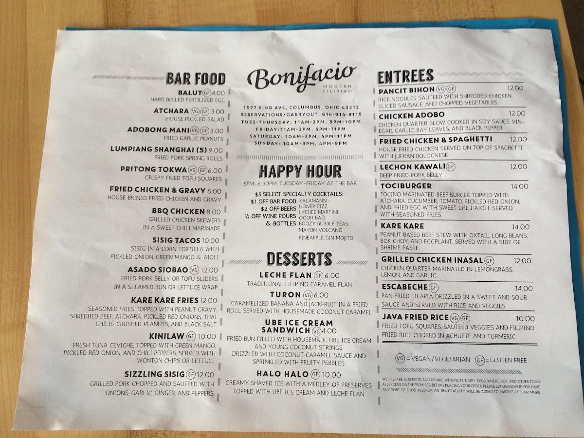 Menu at Bonifacio pub & bar, Columbus