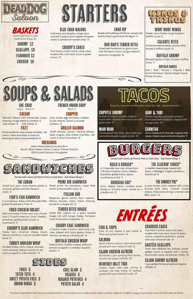 Menu at Dead Dog Saloon steakhouse, Murrells Inlet