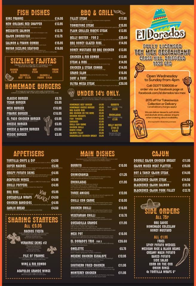 Menu at El Dorados Tex Mex restaurant, Driffield
