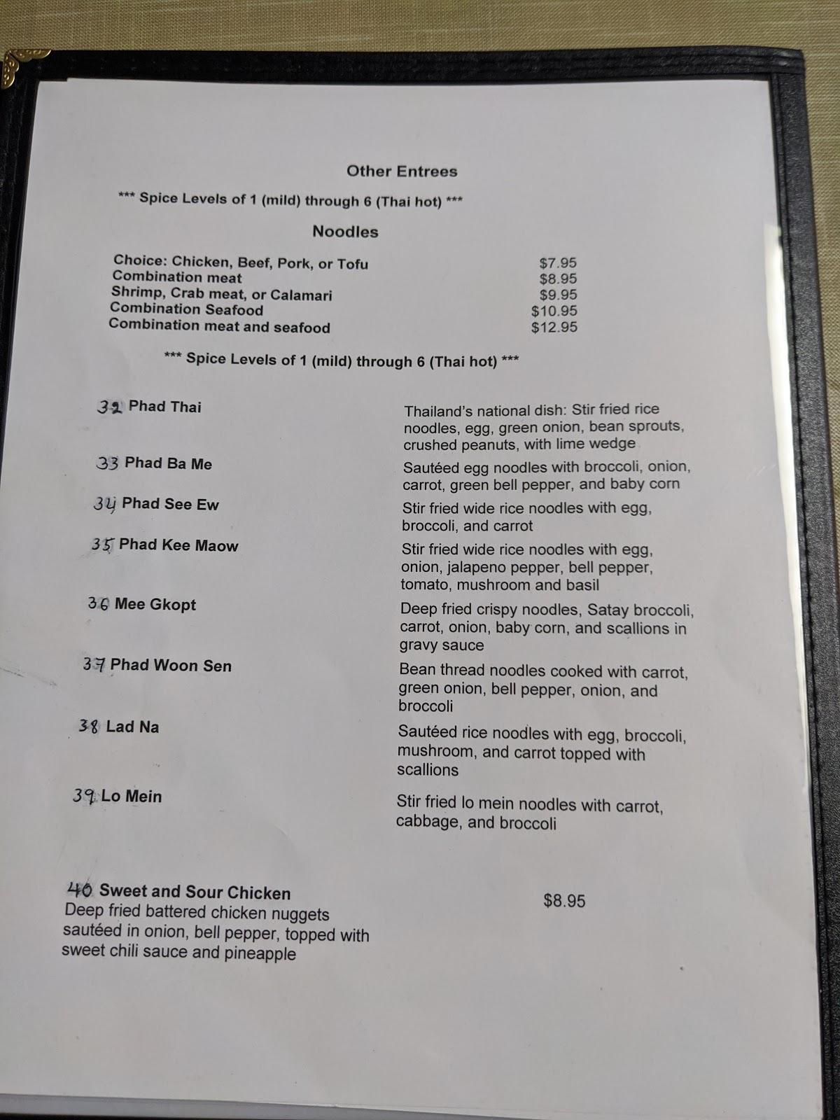 Menu at Fu-Thai restaurant, Tulsa