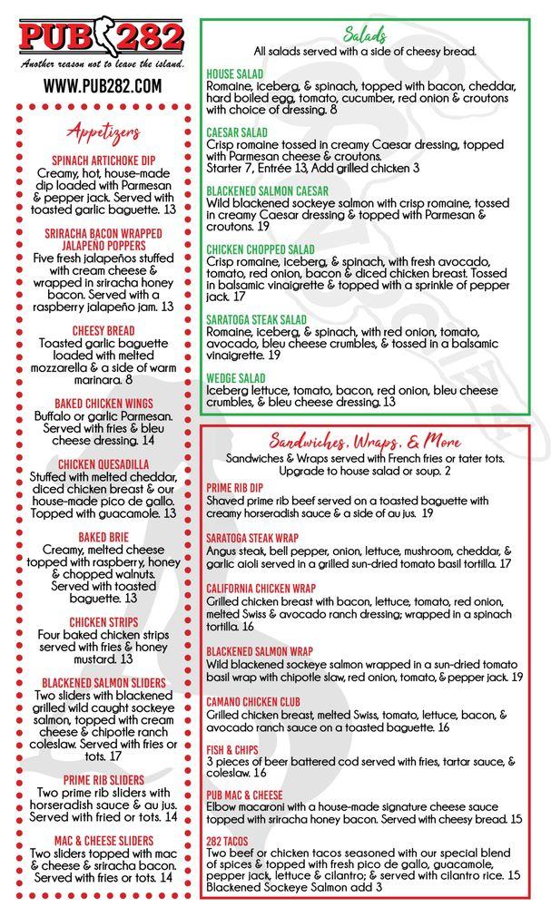 Menu at Pub 282, Camano Island