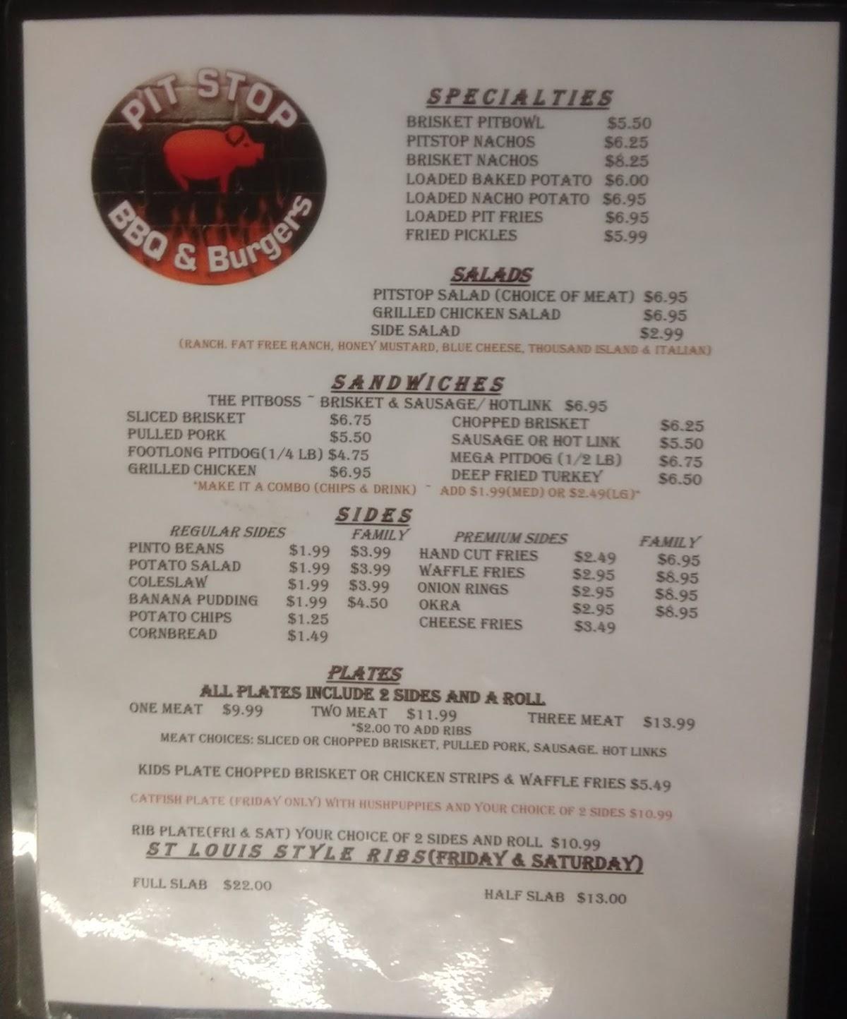 Menu at Pit Stop BBQ, Hugo