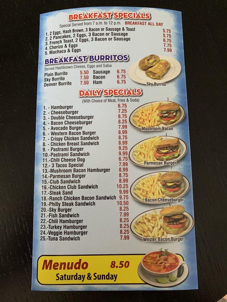 Menu at Sky Burgers restaurant, Paramount