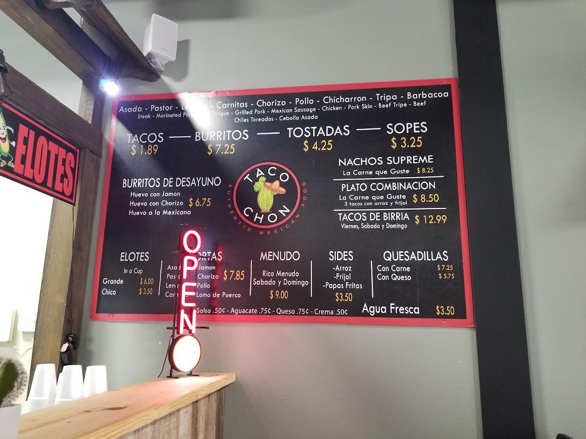 Carta del restaurante Taco Chon, Haltom City