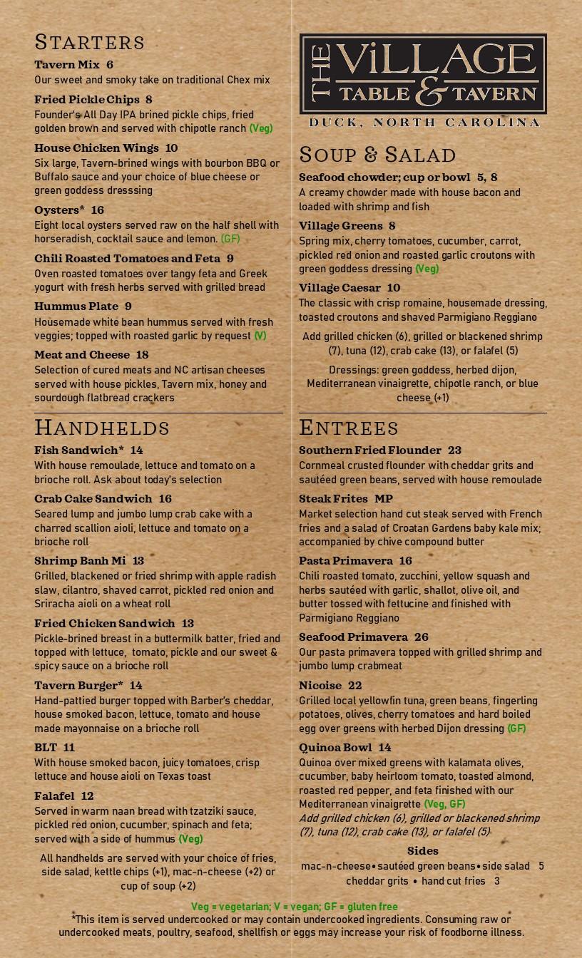 Menu at The Village Table and Tavern pub & bar, Duck