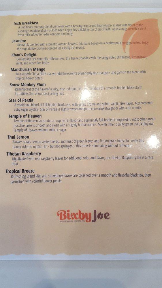 Menu at Bixby Joe Coffee & Tea cafe, Long Beach