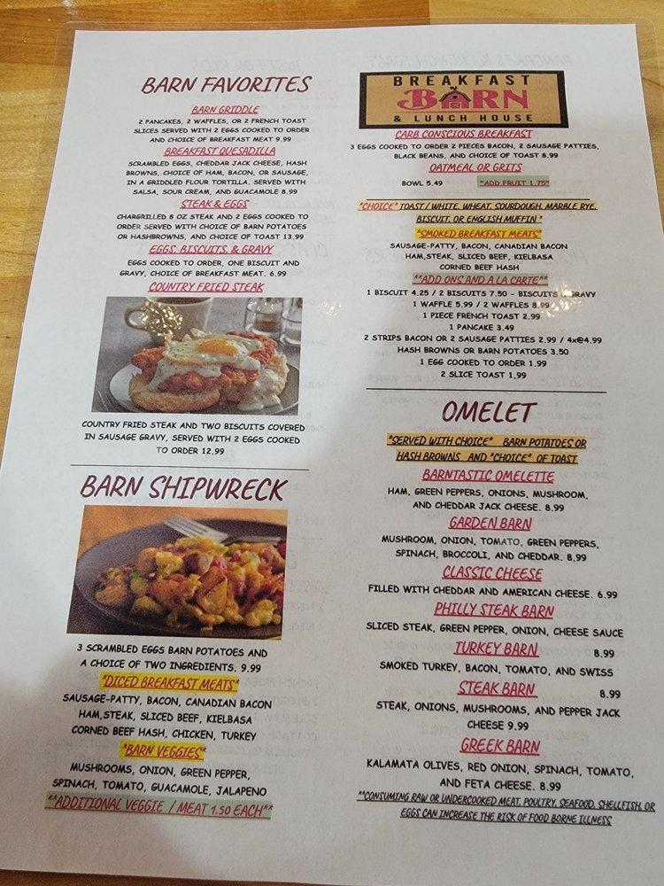 Carta de Breakfast Barn and Lunch House, Cedar Rapids