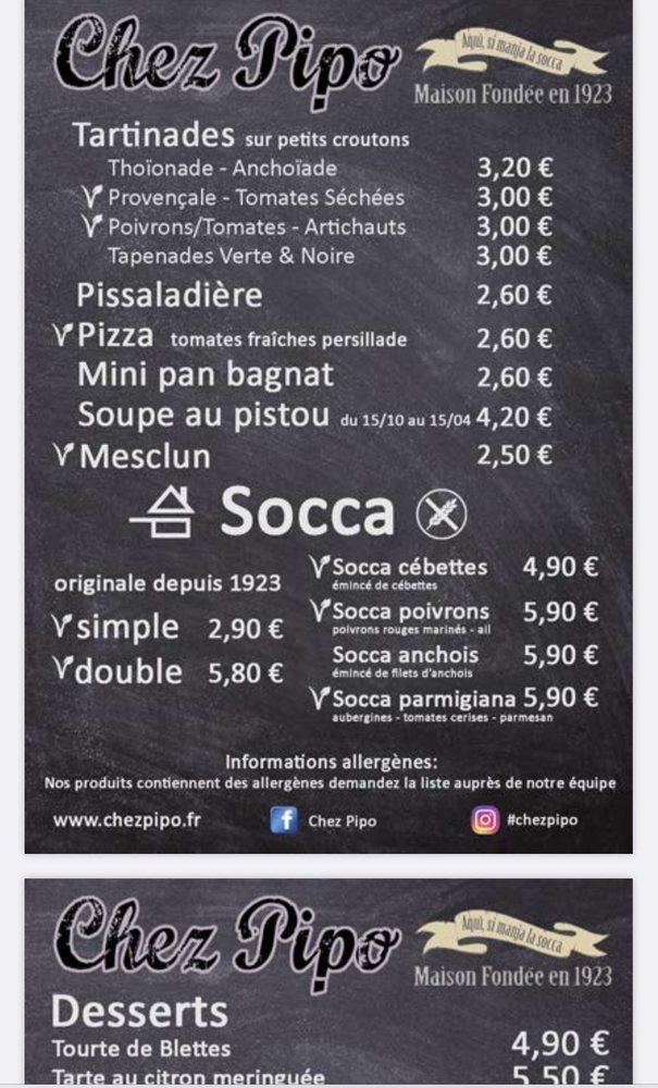 Menu at Chez Pipo restaurant, Nice, 13 Rue Bavastro